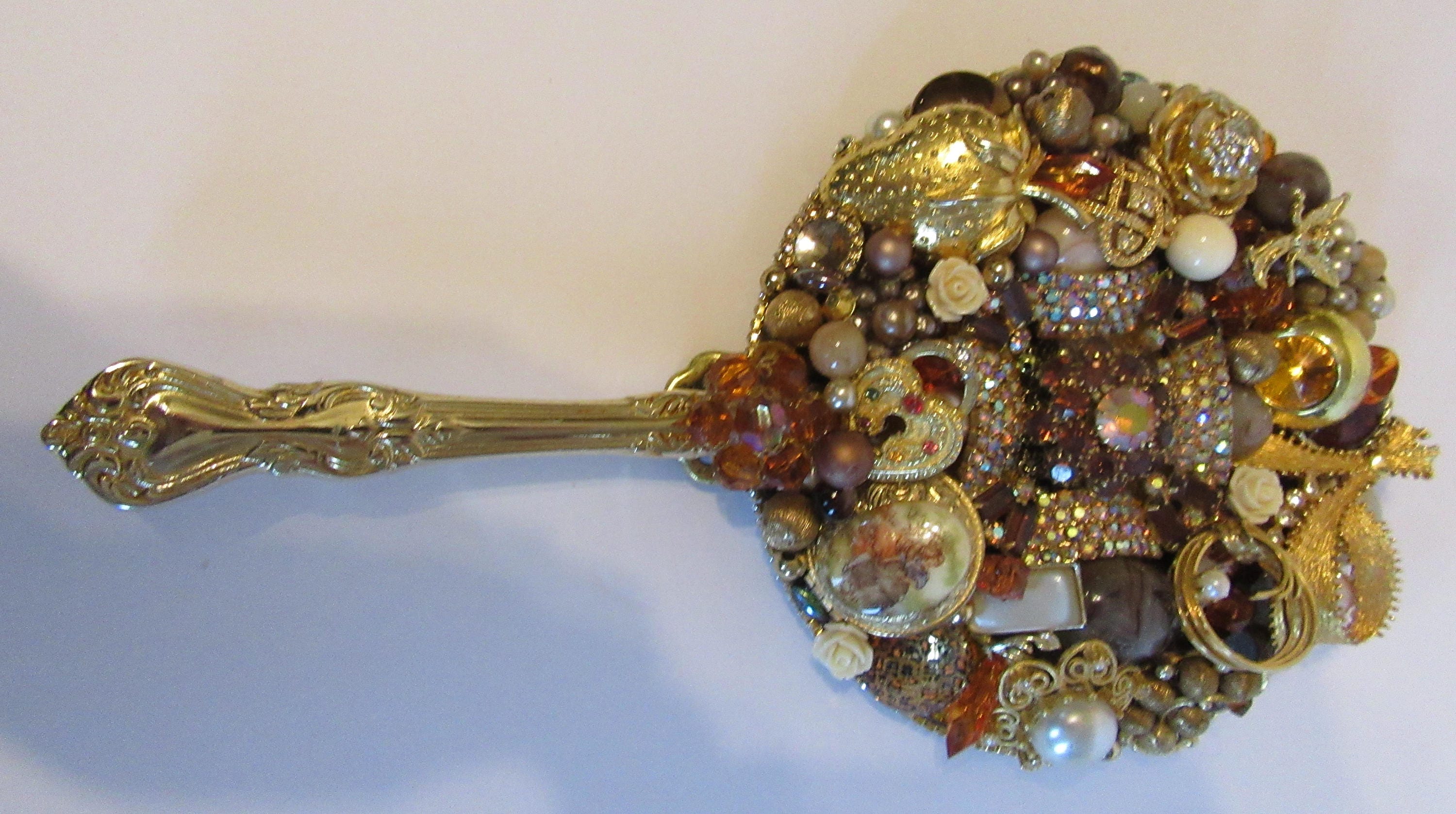 Jeweled Mirror Hand Held Vanity Mirror OOAK - Faux Amber Color & Gold ...