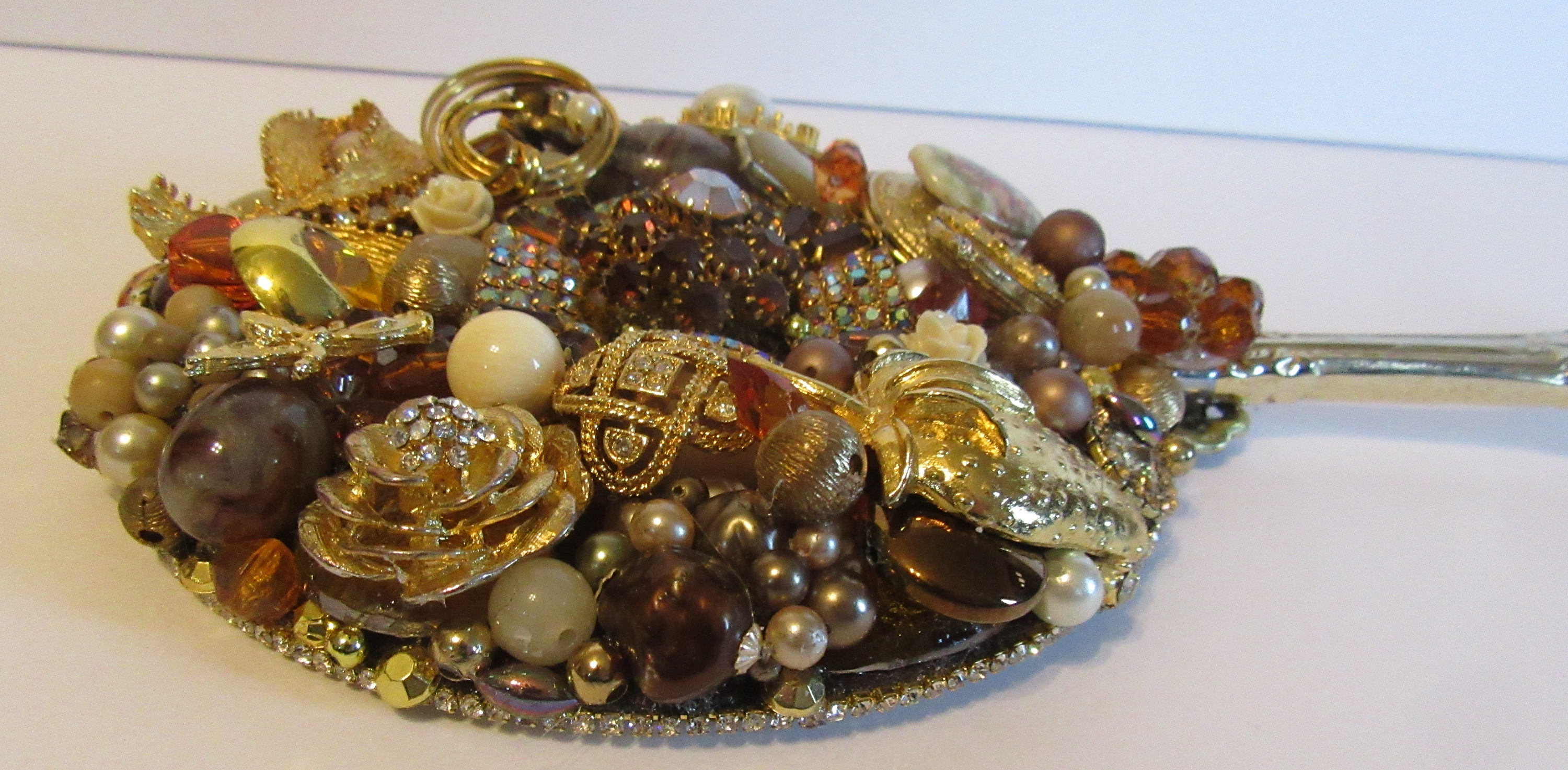 Jeweled Mirror Hand Held Vanity Mirror OOAK - Faux Amber Color & Gold ...