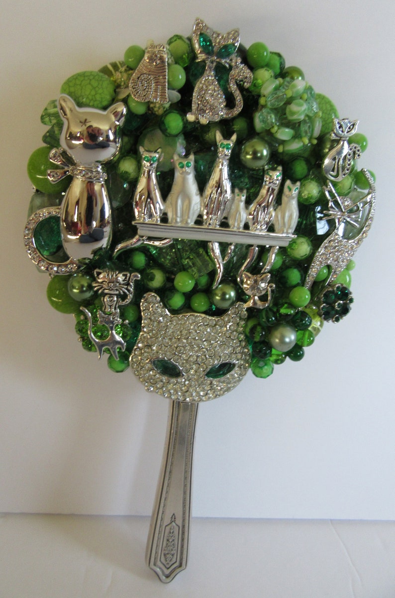 Jeweled Mirror Hand Held Vanity Mirror OOAK - Cat Themed - Green ...