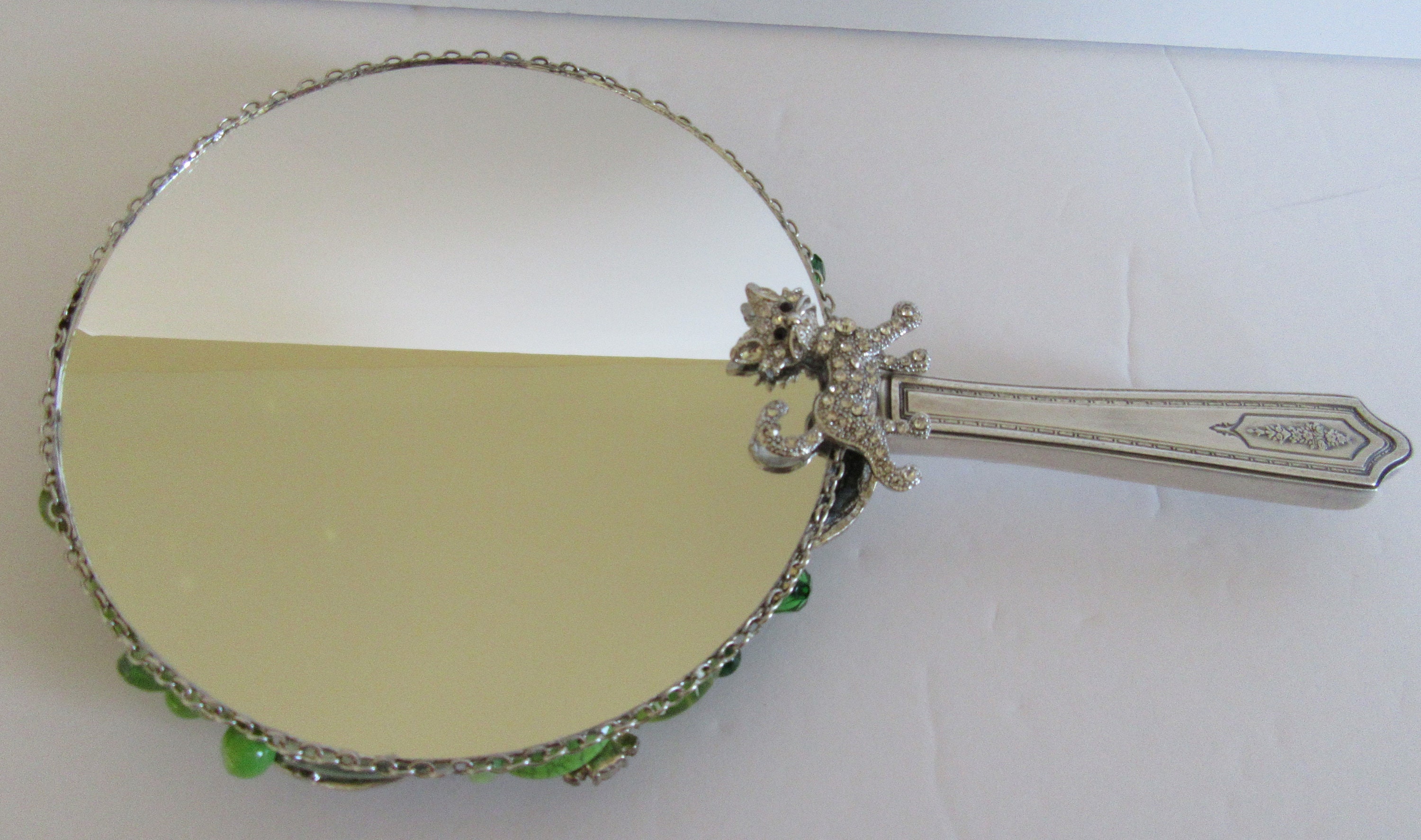Jeweled Mirror Hand Held Vanity Mirror OOAK - Cat Themed - Green ...