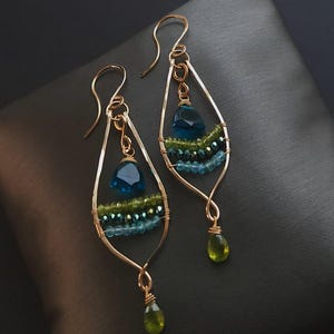 Beaded Gold Earrings, Caribbean Blue Quartz Earrings, Vesuvianite ...