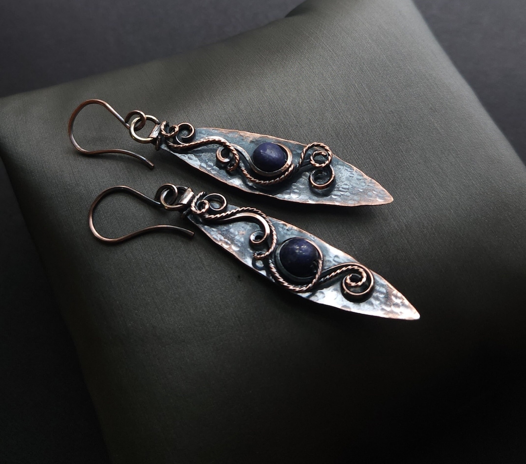 Handgemachte Kupferdraht Ohrringe, Lapislazuli Edelstein Ohrringe, Wire Wrap Ohrringe, Wire Wrap ...