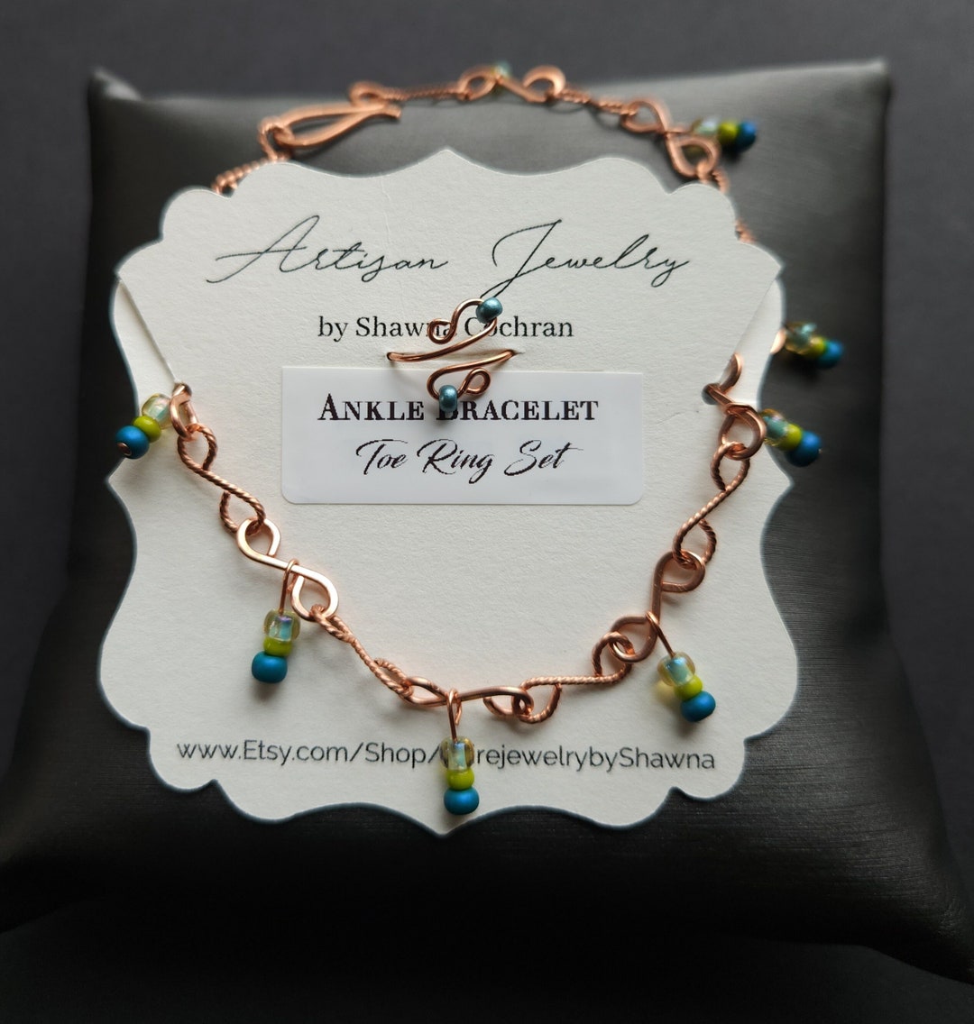 Ankle Bracelet & Toe Ring Set, Blue Glass Beaded Anklet, Adjustable Toe ...