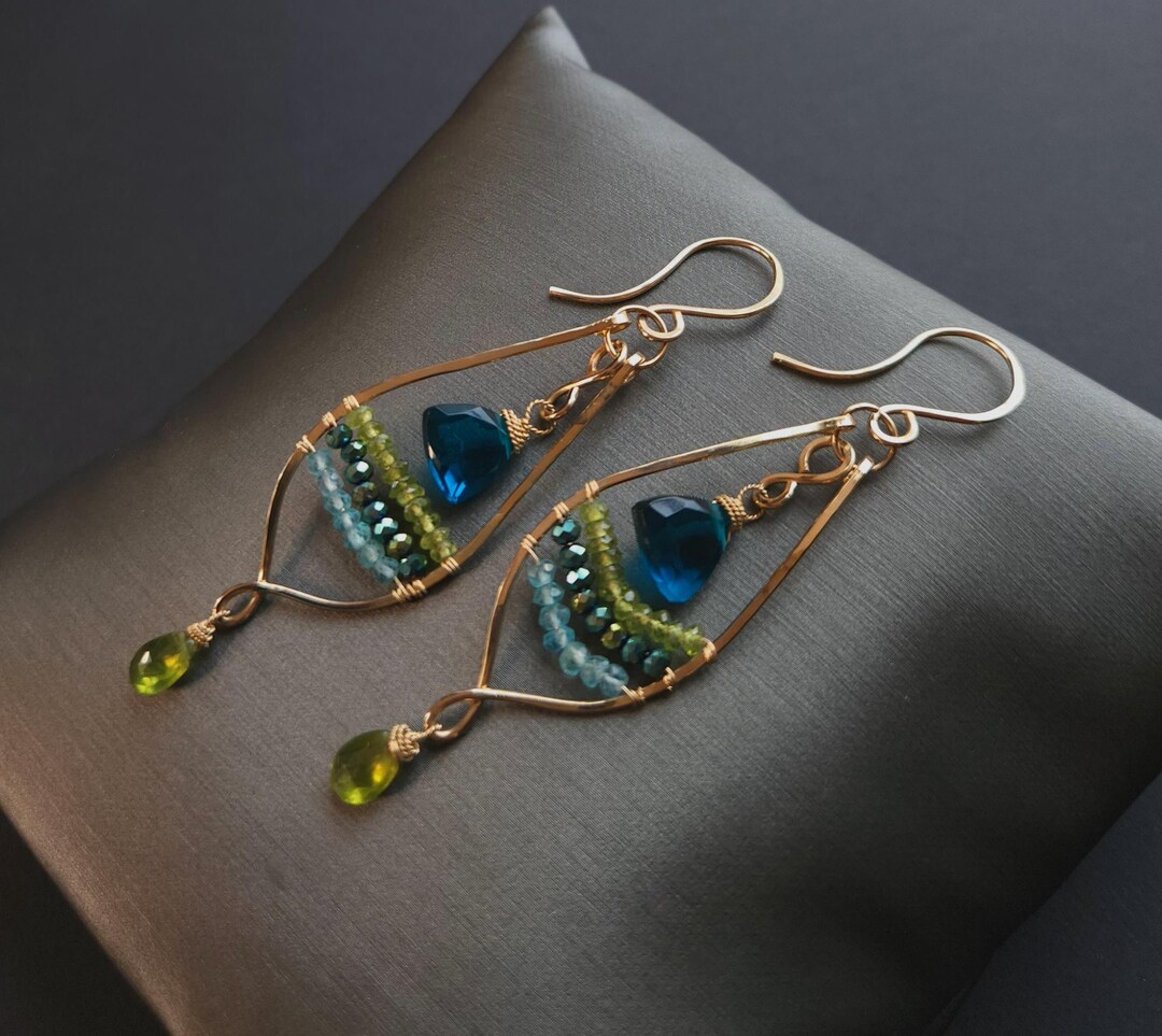 Beaded Gold Earrings, Caribbean Blue Quartz Earrings, Vesuvianite ...