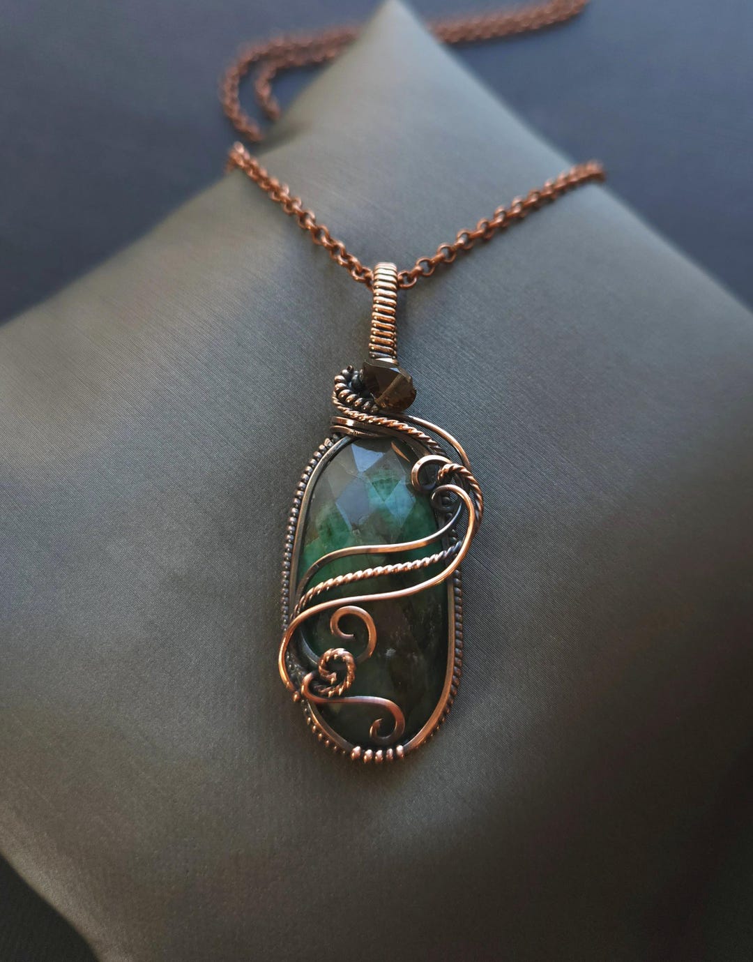 Emerald Necklace, Wire Wrapped Copper Pendant, Smoky Quartz Teardrop ...