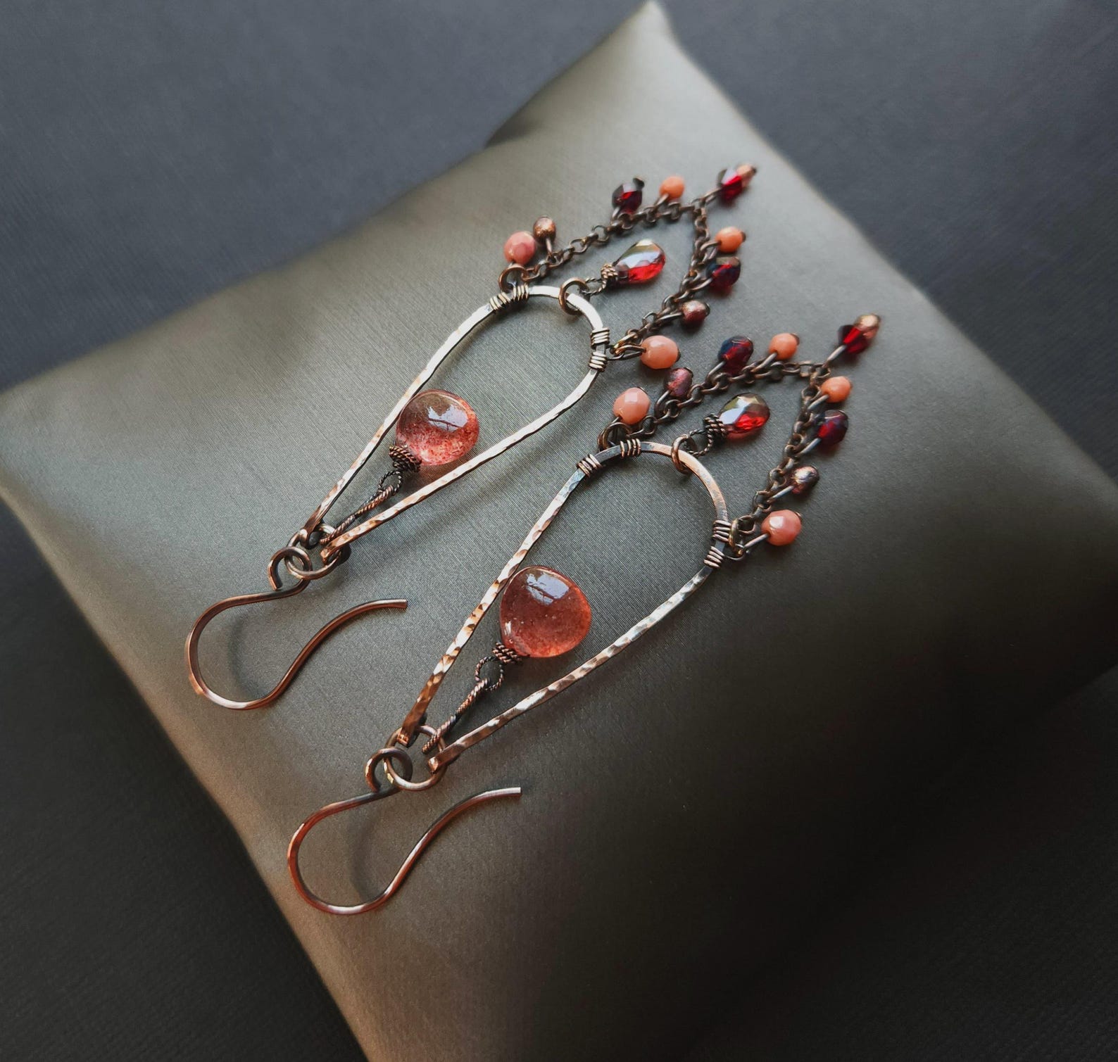 Copper Gemstone Earrings, Strawberry Quartz & Garnet Earrings, Beaded ...