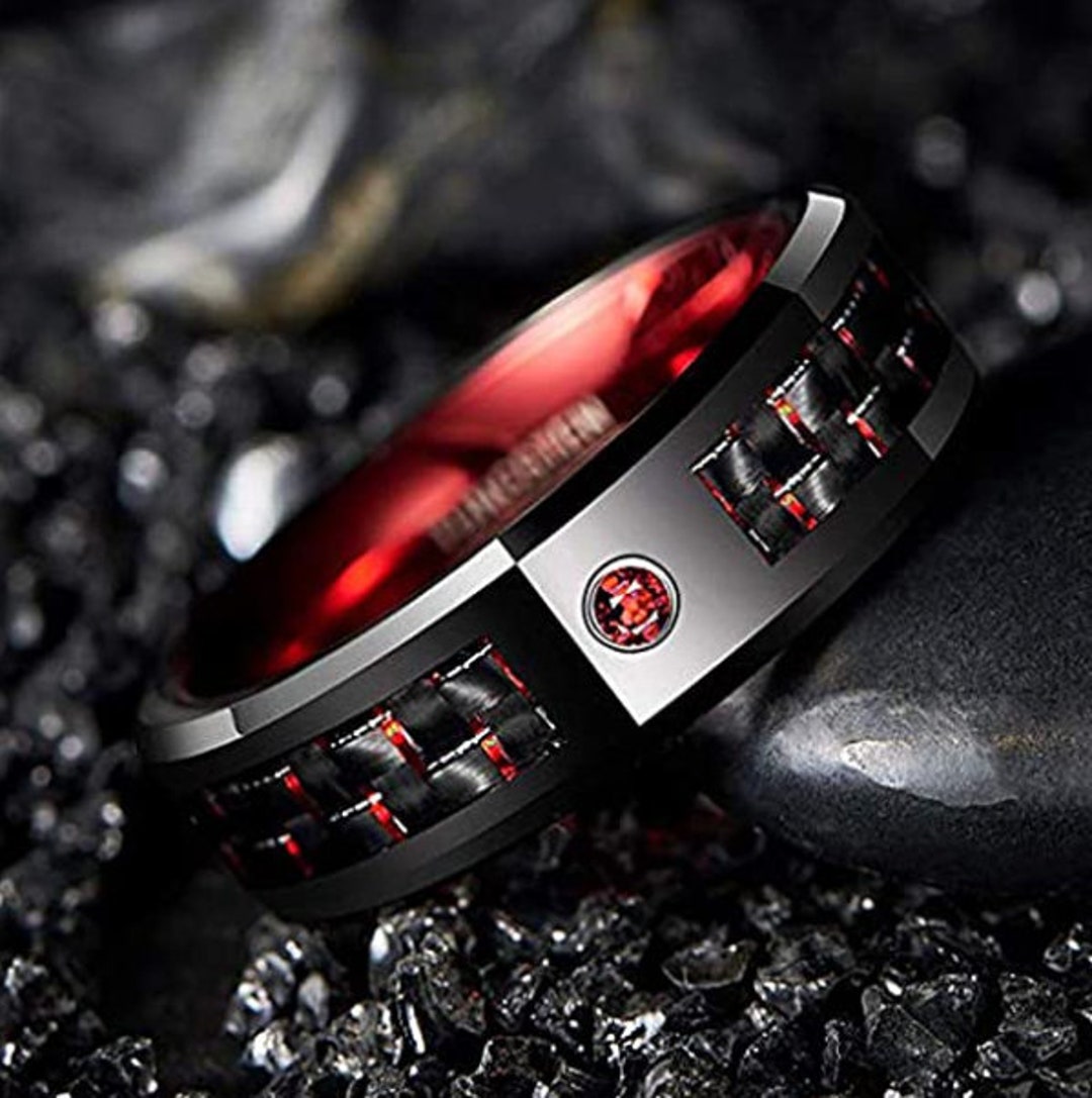8mm Black & Red Tungsten Carbide Wedding Band Ring W/ Black Carbon ...