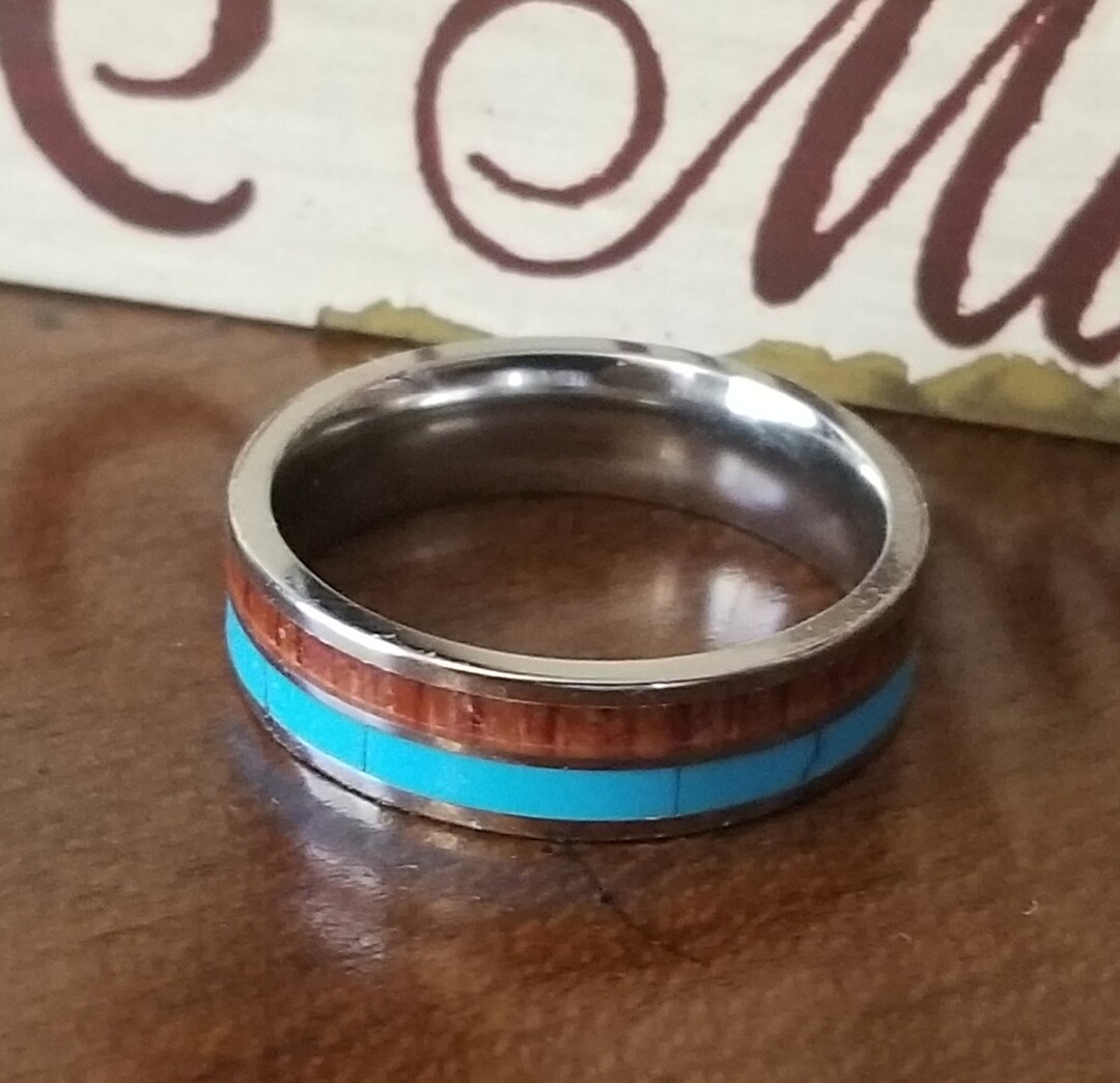 6mm Natural Koa Wood and Turquoise Stone on Comfort Fit - Etsy