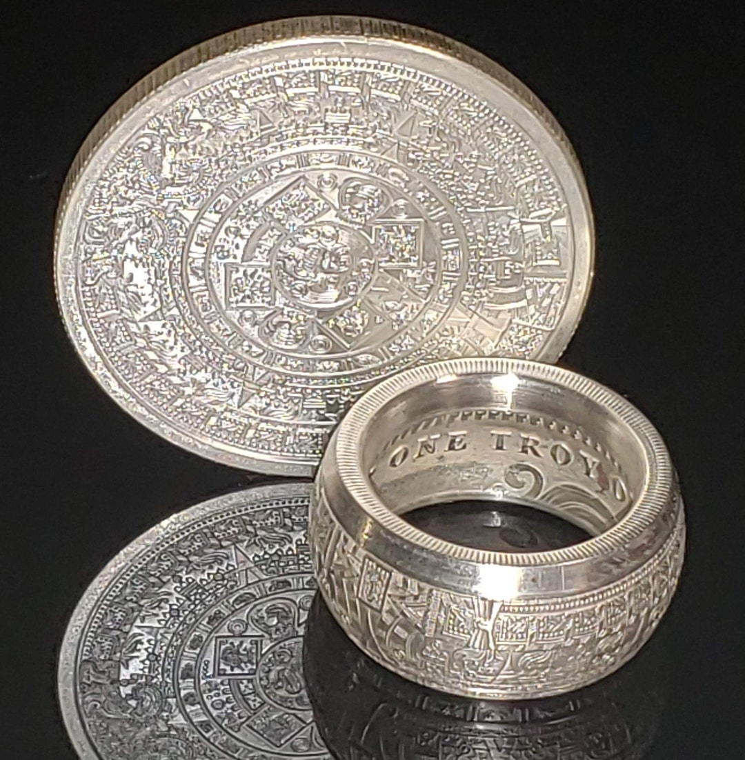 10mm 1oz Domed Aztec Calendar 9999 Solid Silver Coin Ring (tonatiuh Sun ...