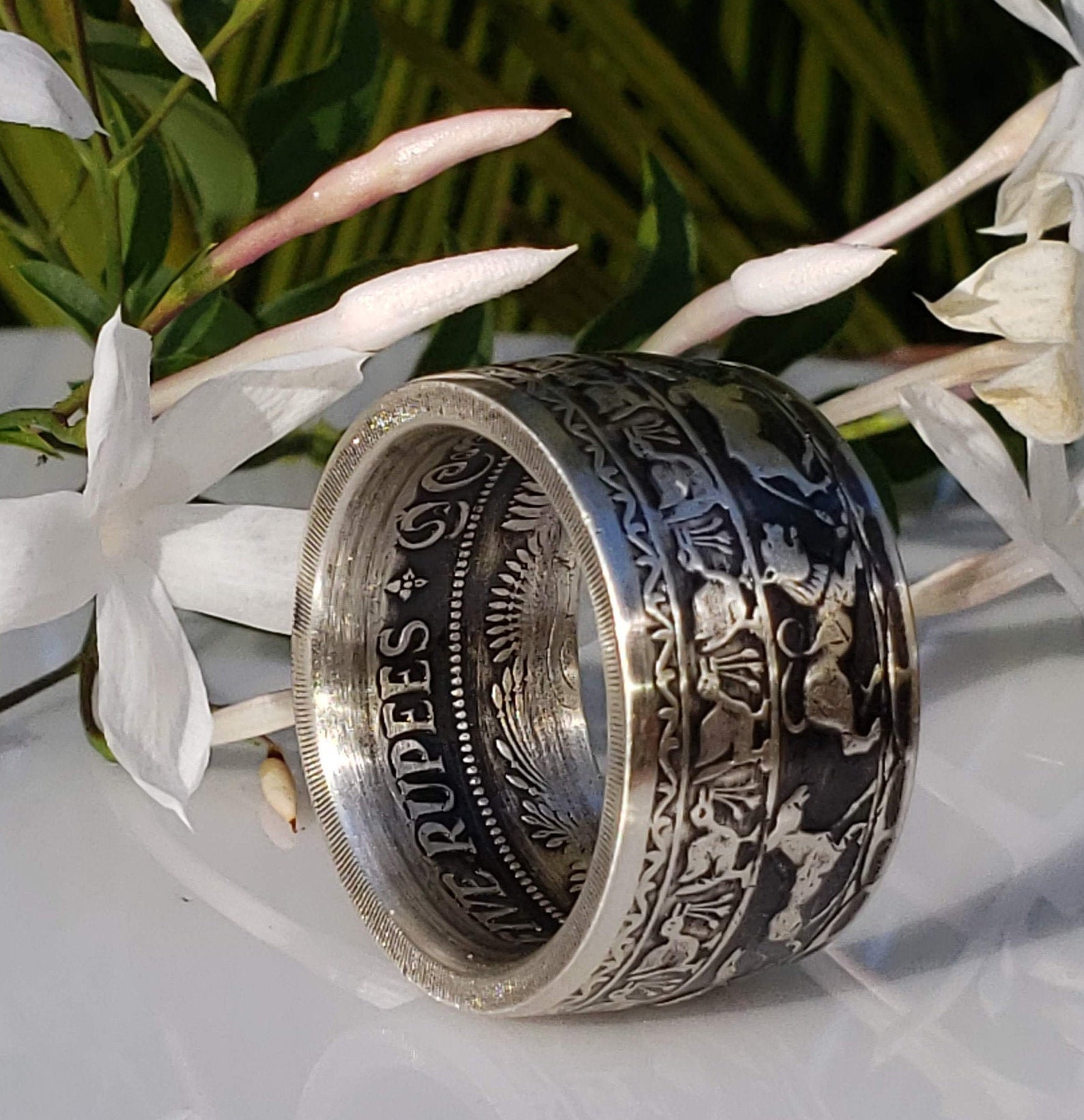 1957 CEYLON (SRI LANKA) Hand Forged Coin Ring. Silver 5 Rupees 2500th ...