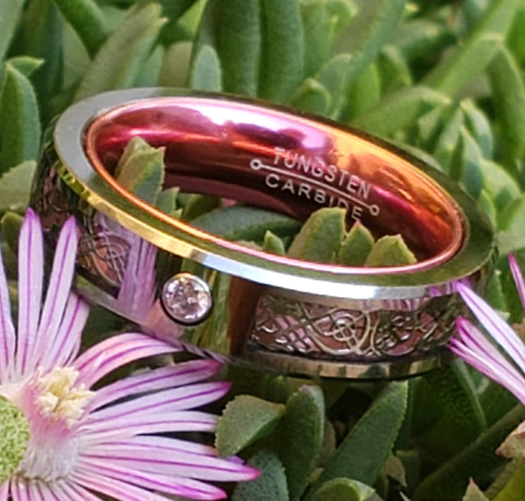 BREAST CANCER AWARENESS Ring, 5mm Pink Carbon Fiber and Silver Celtic ...