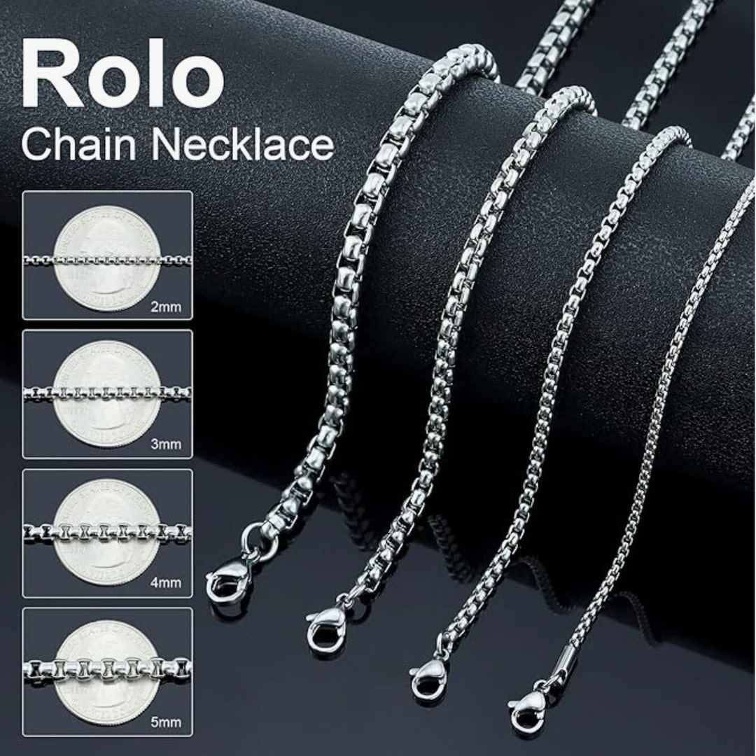 2-5mm Silver Square Rolo Chain Stainless Steel Round Box Chain Necklace ...