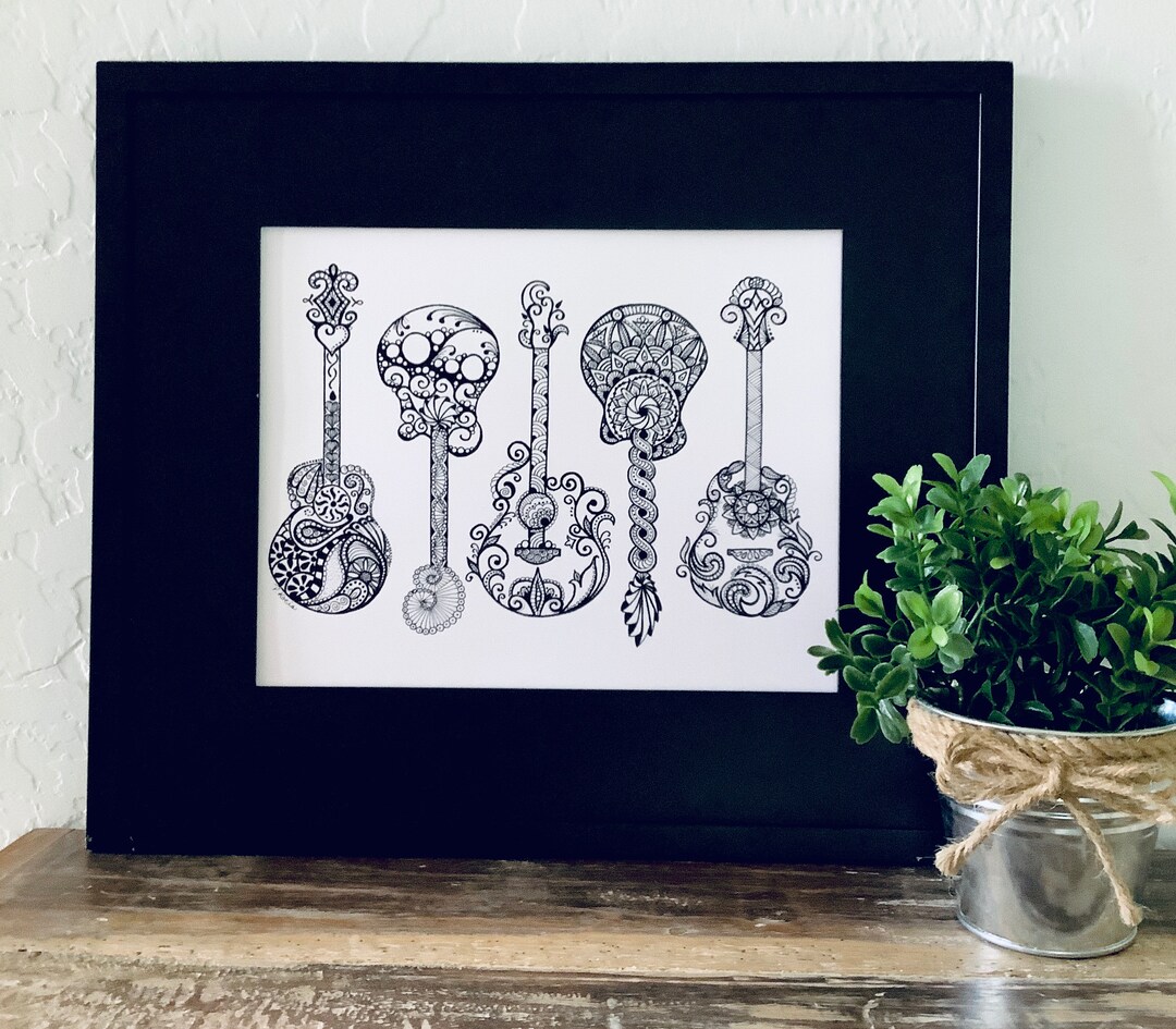 Buy Acoustic Guitars, Zentangle, Art, Drawings, Pen and Ink, Black and ...
