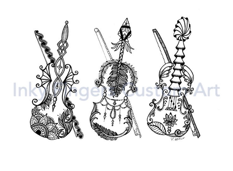Violins Zentangle Art Drawings Pen and Ink Black and - Etsy