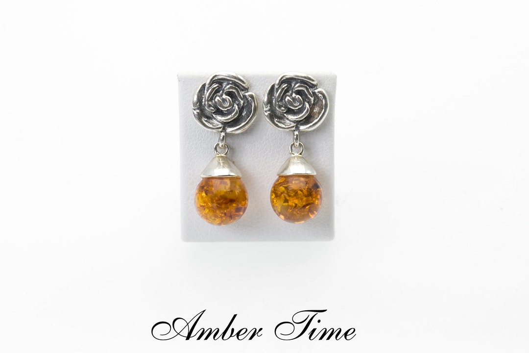 SB0271 Roses. Amber Rose Elegant Sterling Silver Stud Earrings. Classic ...