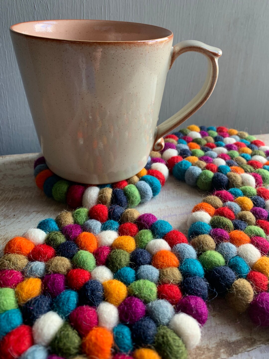 FELT COASTERS, Handmade in Nepal set of 4 Felt Wool Pompom Coasters ...