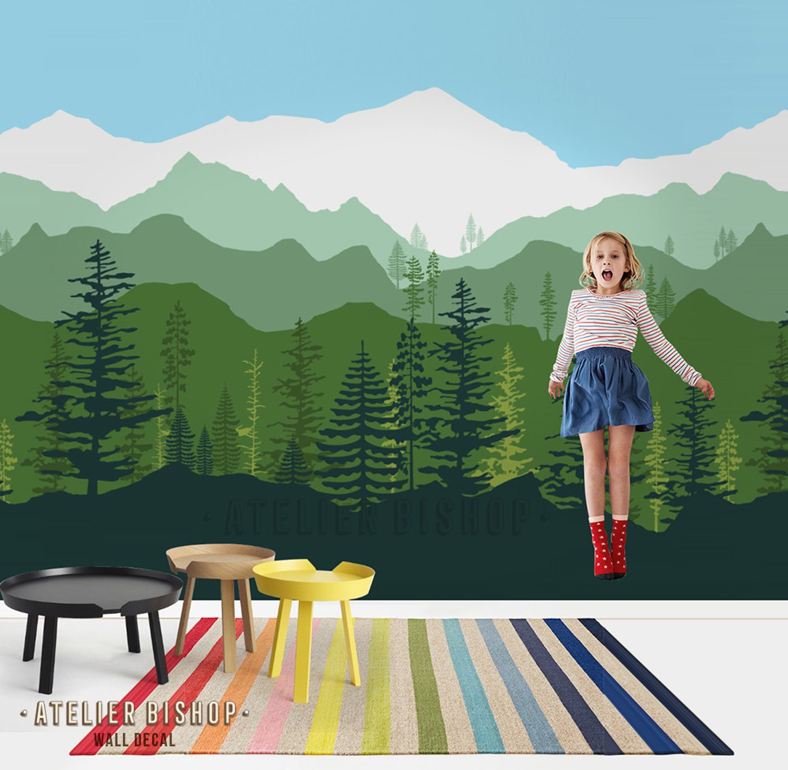 Ombre Mountain Scenery With Pine Forest Trees Wallpaper Instant Wall ...