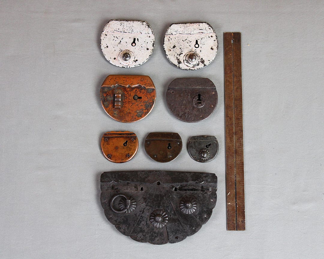 8 Antique Japanese Tansu Locks, Several Types, Sizes, Iron, Copper, 2 ...