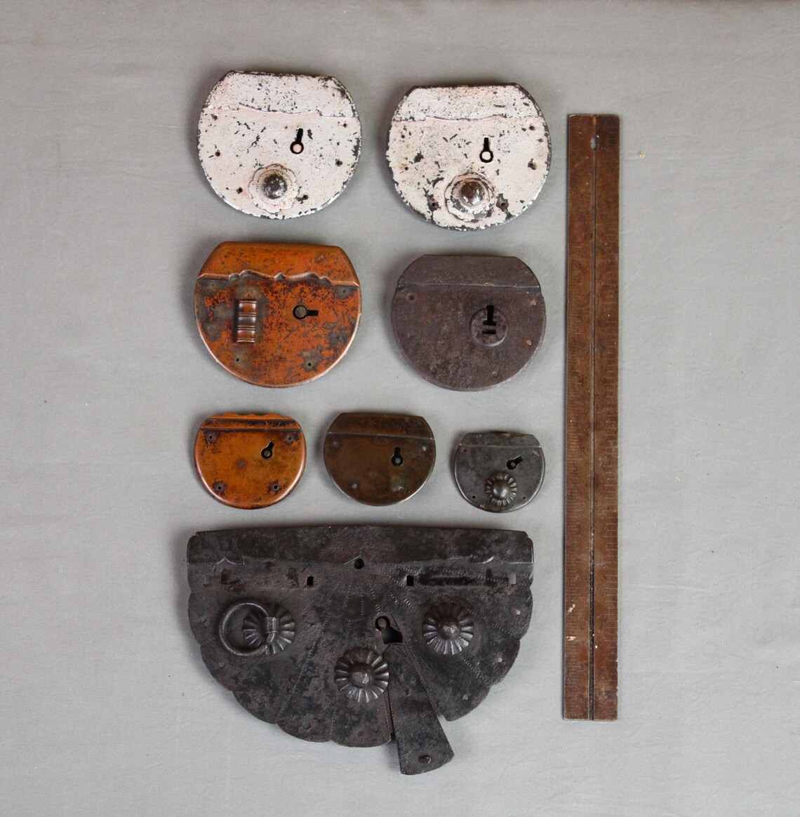 8 Antique Japanese Tansu Locks, Several Types, Sizes, Iron, Copper, 2 ...