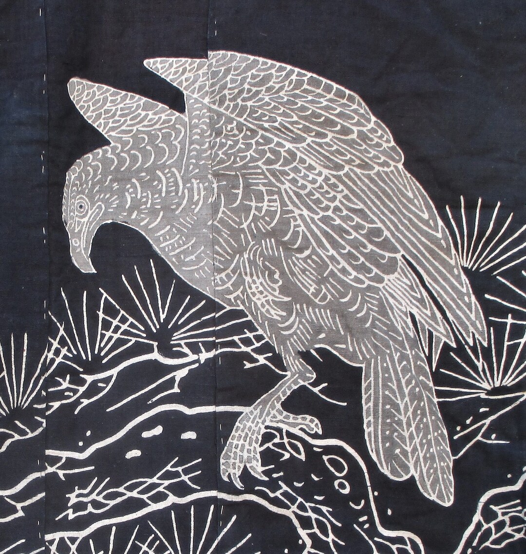 Antique Japanese Festival Kimono, Hawk, Dark Indigo, Heavy Cotton, Hand ...