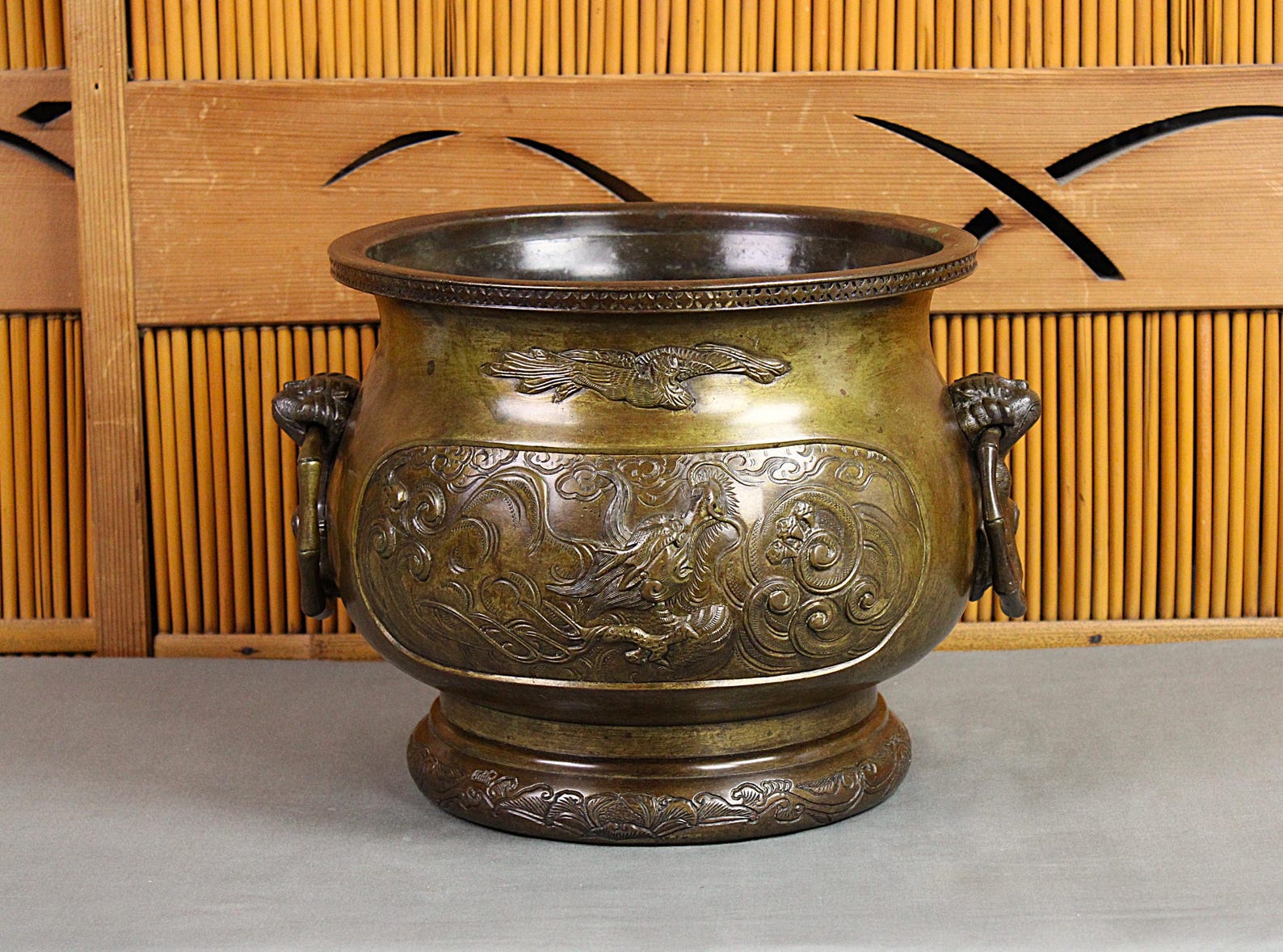 Large Antique Chinese Bronze Temple Censer, Etched Dragons, Phoenixes ...