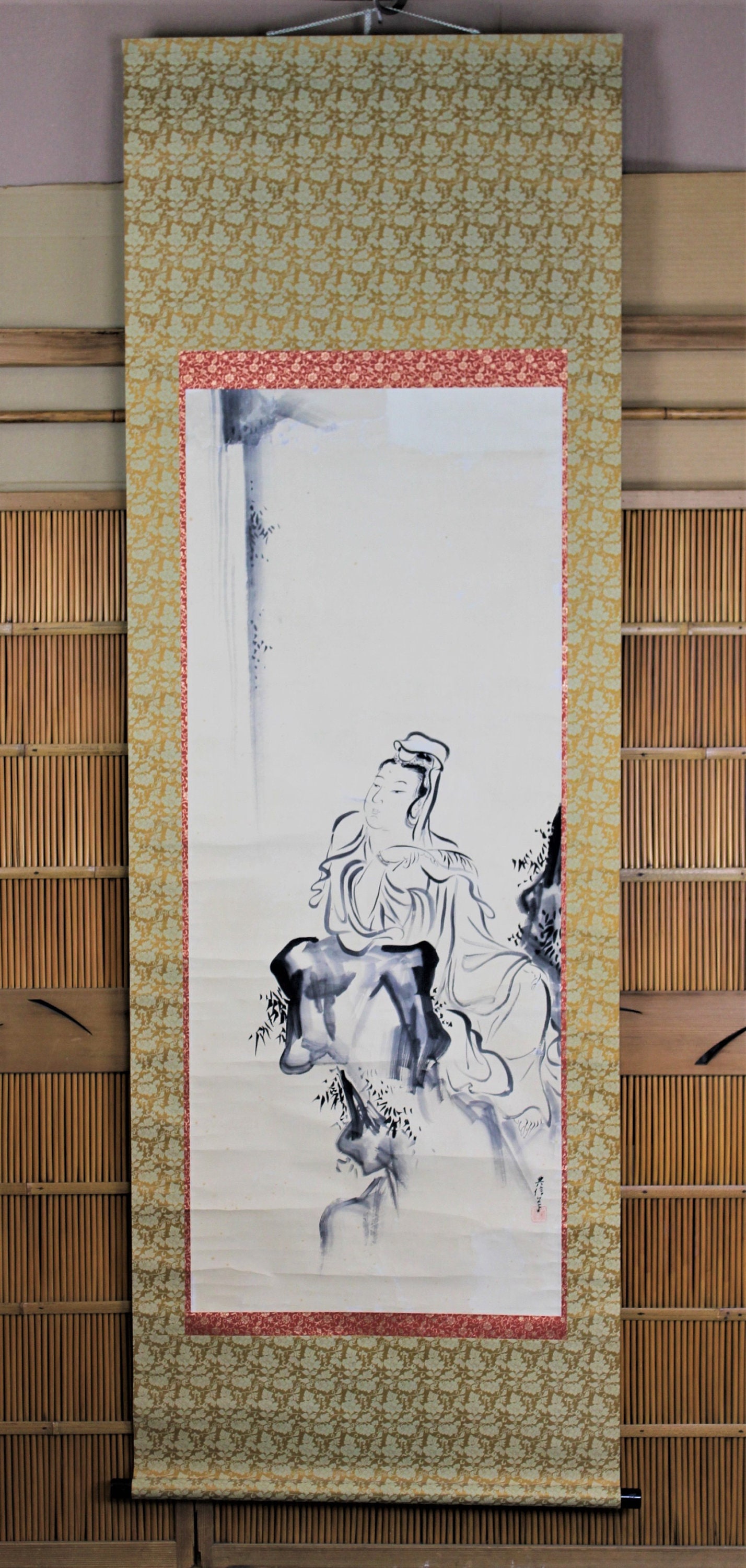 Very Large Antique Japanese Ink Scroll Painting, Kannon at a Waterfall ...