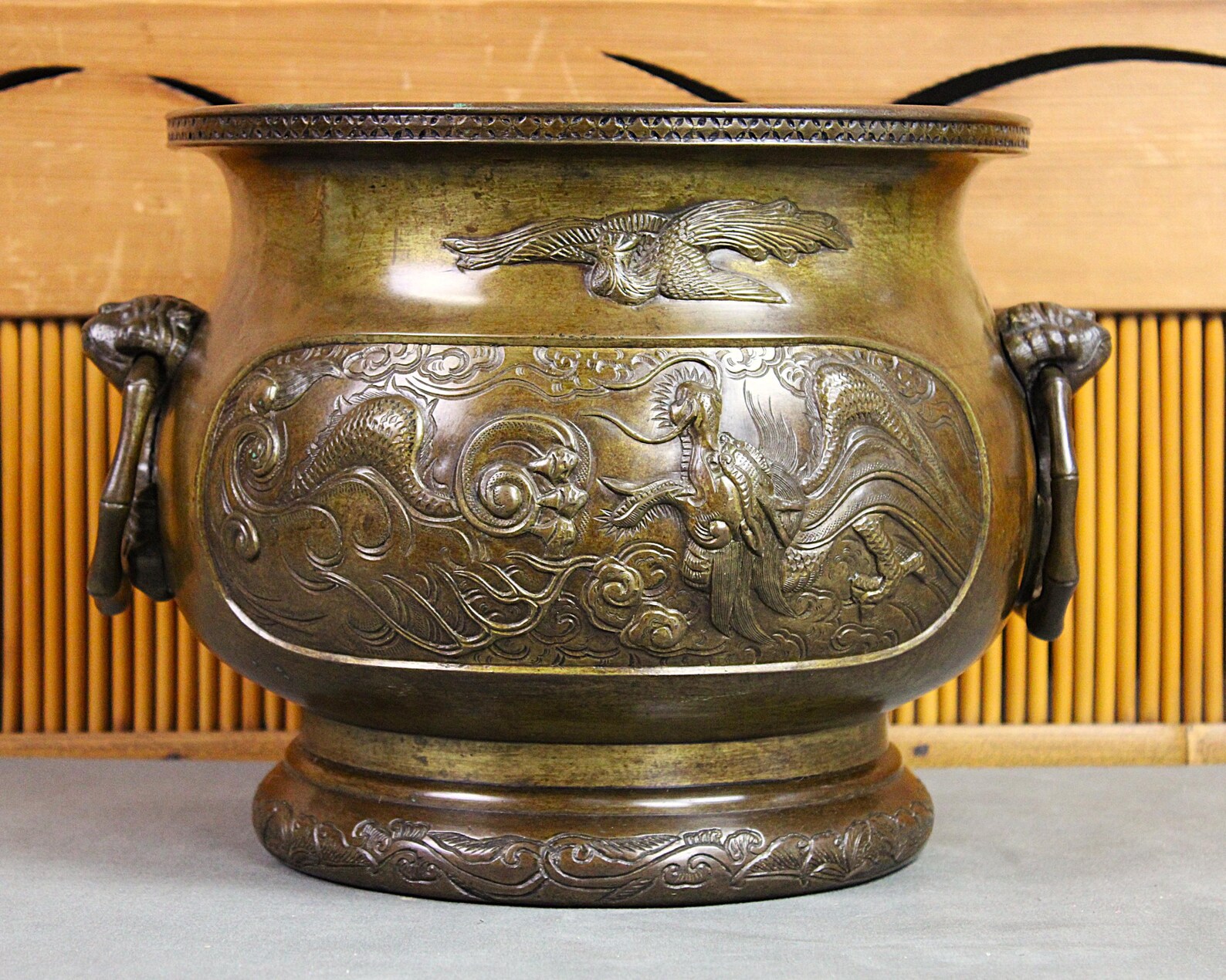Large Antique Chinese Bronze Temple Censer, Etched Dragons, Phoenixes ...