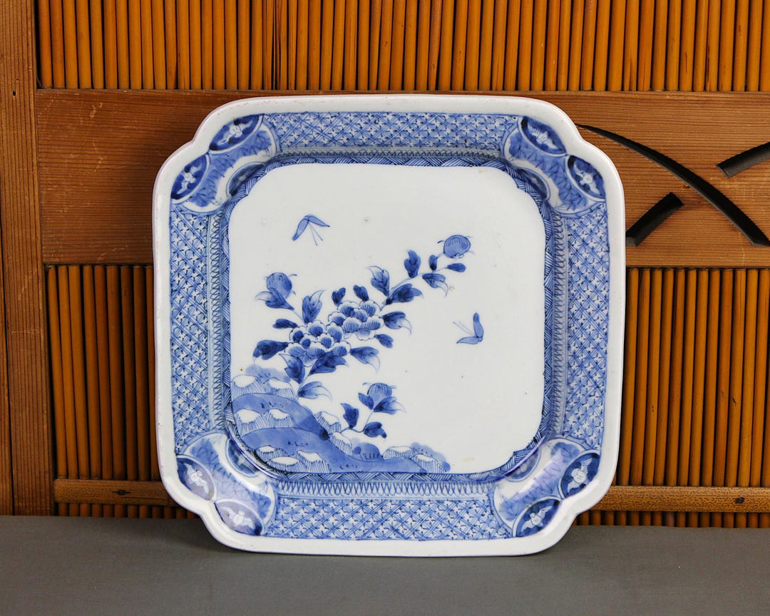 Large Antique 12" Square Japanese Blue White Porcelain Plate, Large ...