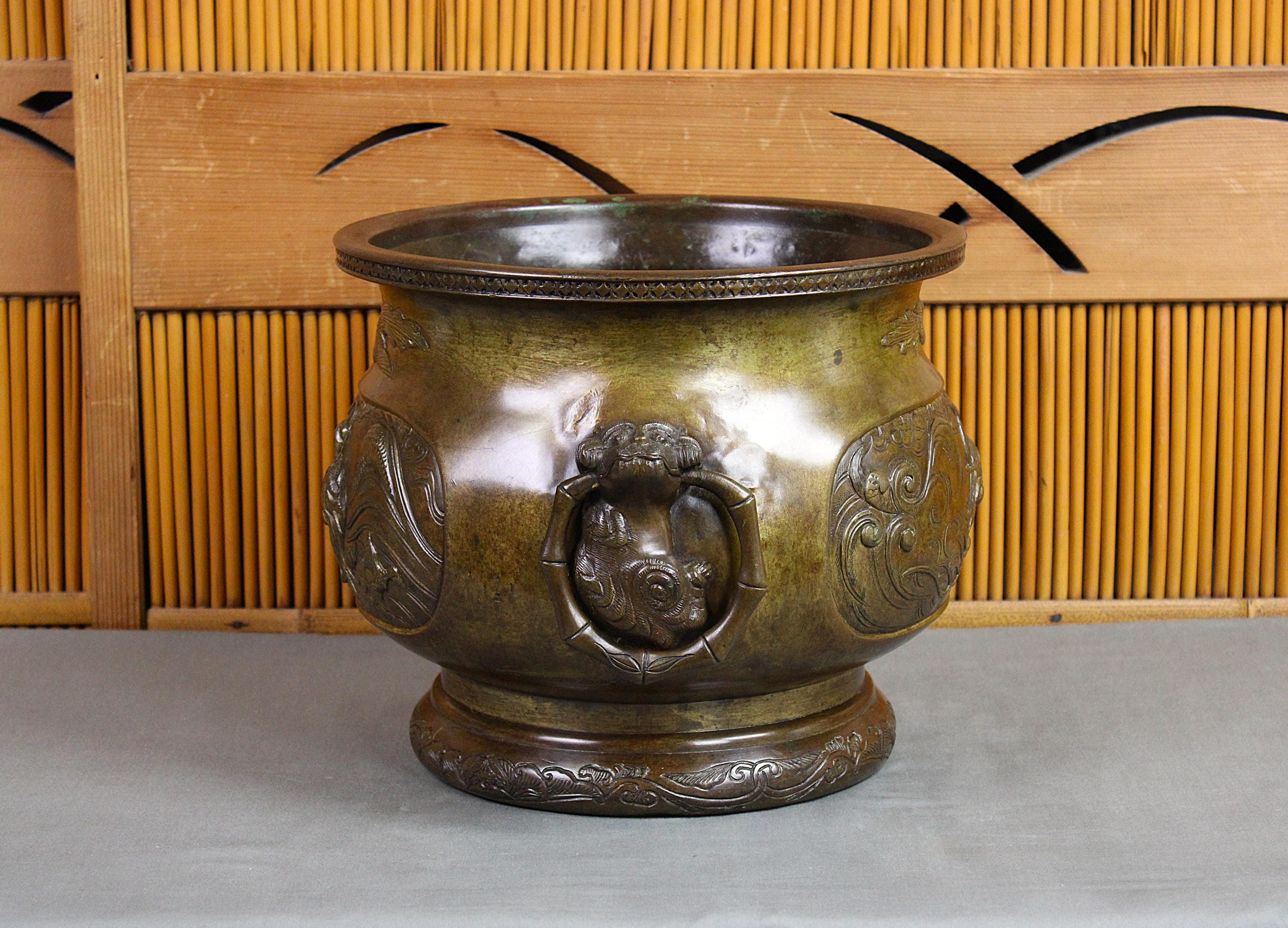 Large Antique Chinese Bronze Temple Censer, Etched Dragons, Phoenixes ...