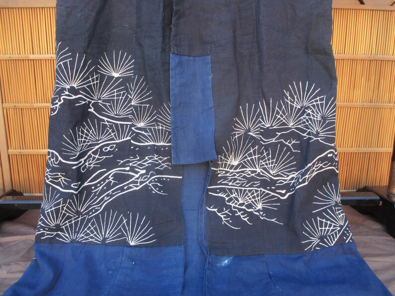 Antique Japanese Festival Kimono, Hawk, Dark Indigo, Heavy Cotton, Hand ...