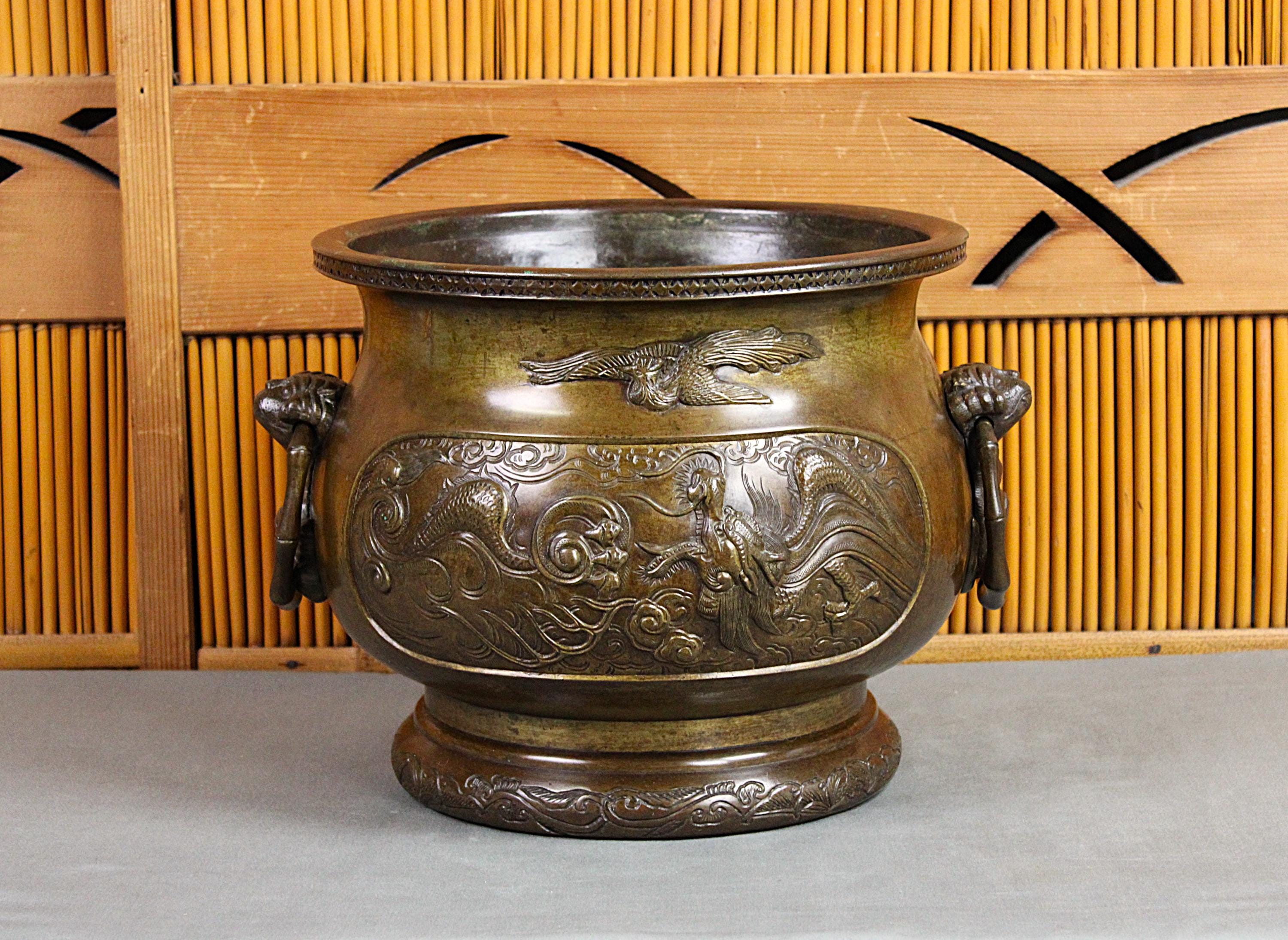 Large Antique Chinese Bronze Temple Censer, Etched Dragons, Phoenixes ...