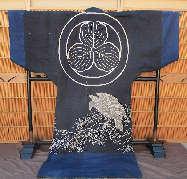 Antique Japanese Festival Kimono, Hawk, Dark Indigo, Heavy Cotton, Hand ...