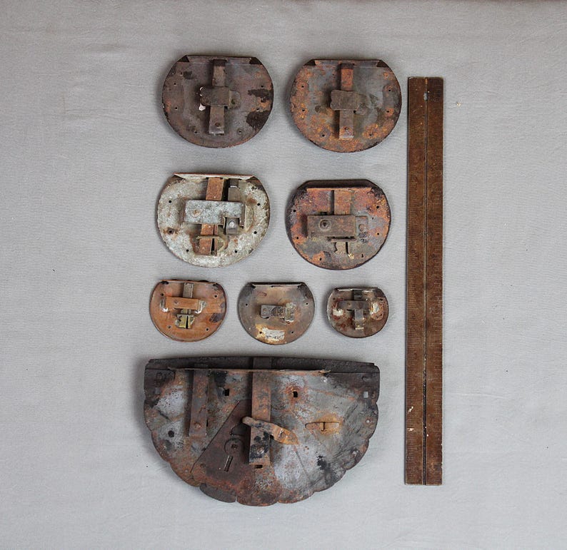 8 Antique Japanese Tansu Locks, Several Types, Sizes, Iron, Copper, 2 ...