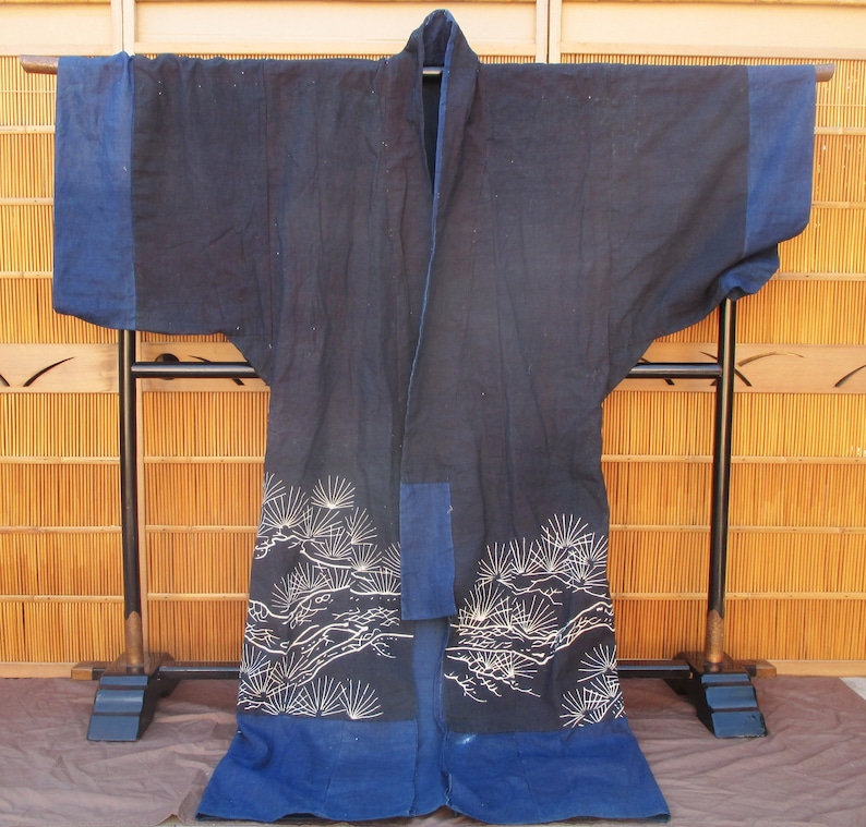 Antique Japanese Festival Kimono, Hawk, Dark Indigo, Heavy Cotton, Hand ...