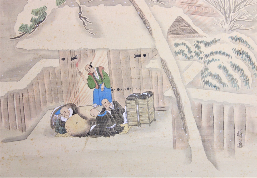 Antique Japanese Scroll Painting, Priest Sleeping in the Snow, Founder ...