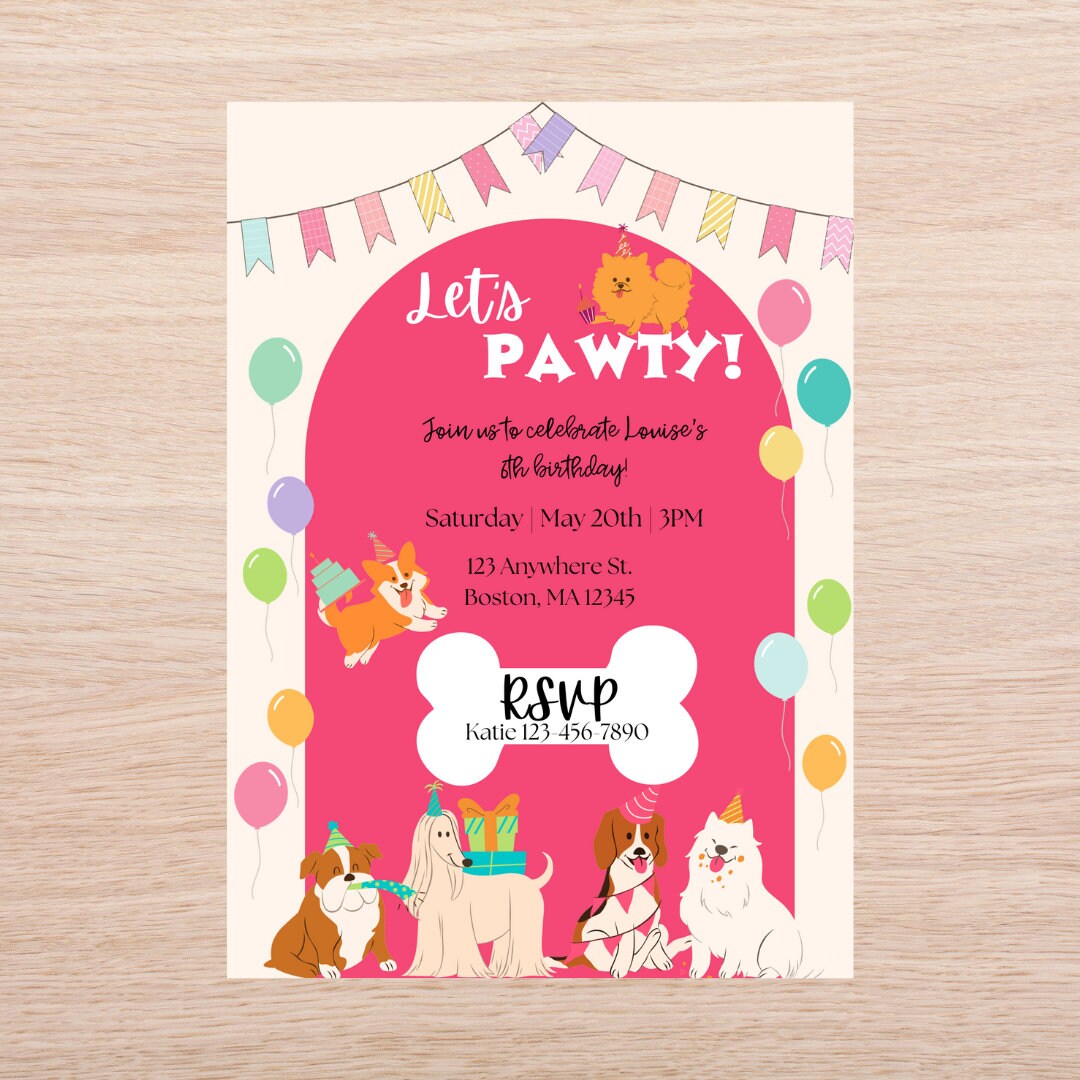 Editable LET'S PAWTY Birthday Invitation- 2 Sided- Download & Edit With ...