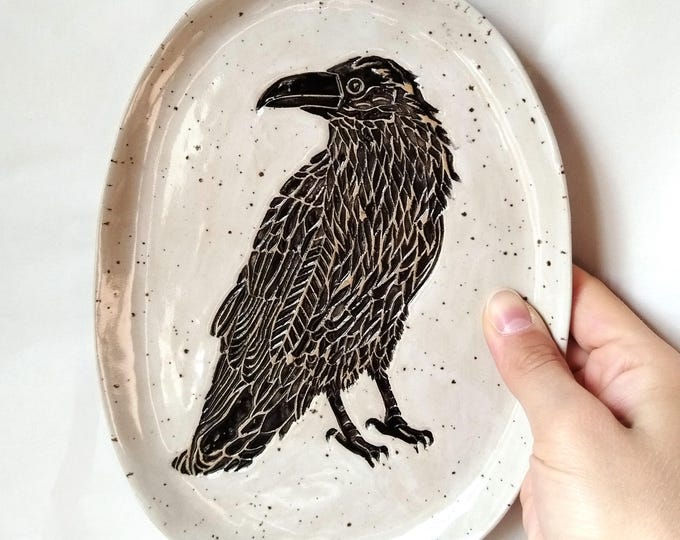 Handmade Plate With Crow Design, Black Raven Stoneware Dish, Ceramic ...