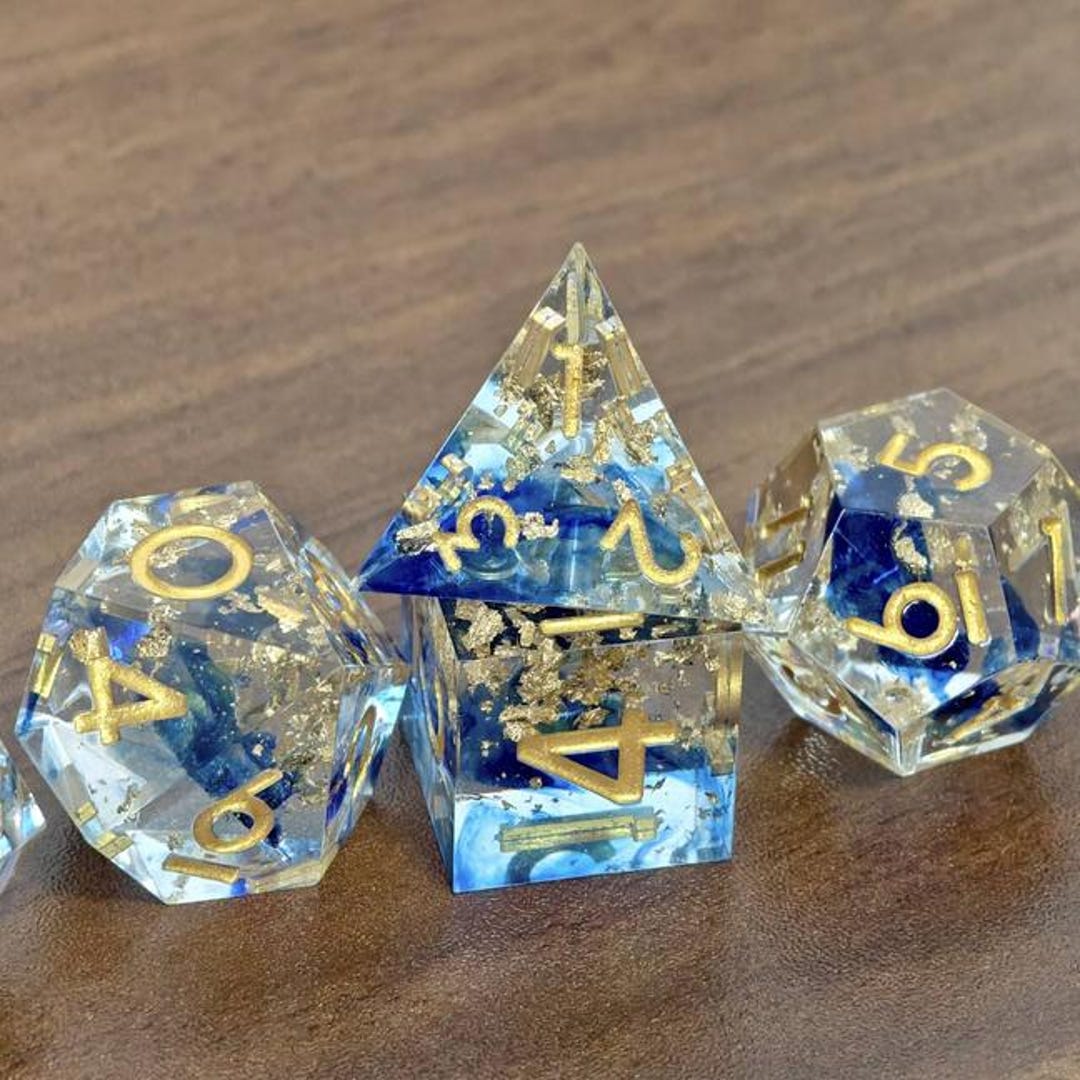 Blue Gold Leaf DND Dice Set, Resin Sharp Edge D&D Dice Set, Dungeons ...
