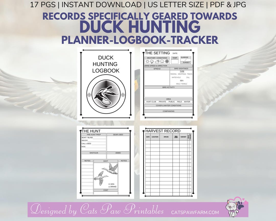 Duck Hunting Planner Logbook Tracker Journal Printable Organizer Print ...