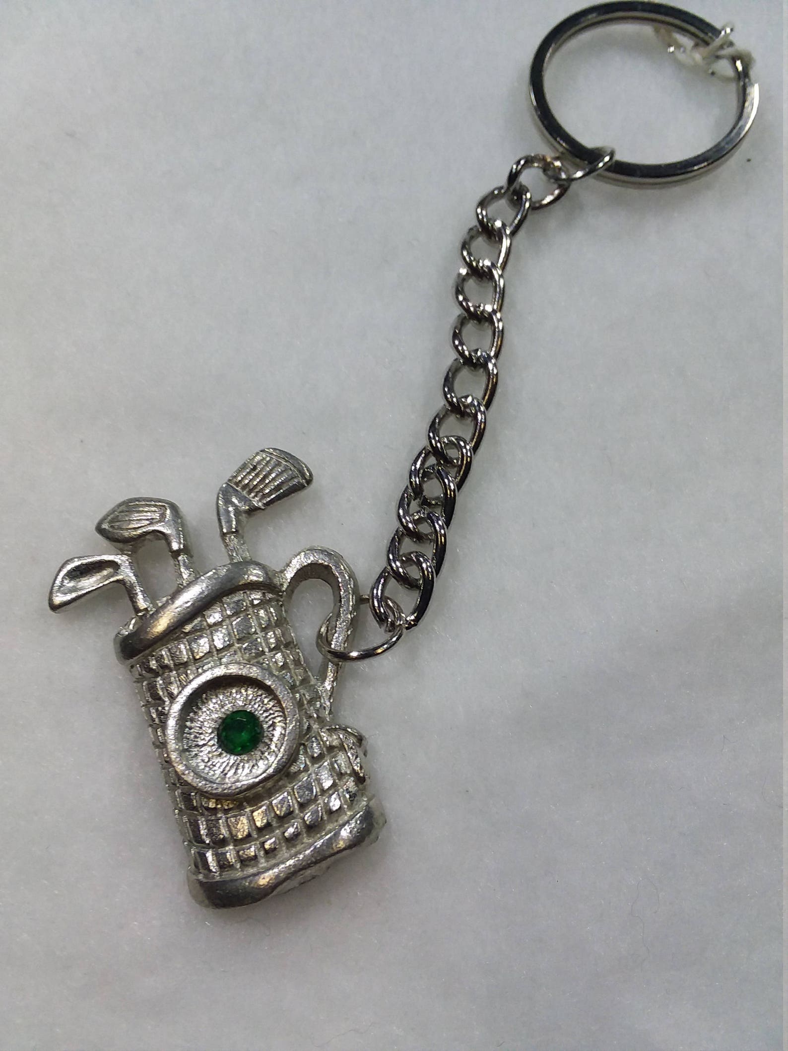 Pewter Golf Bag With Golf Clubs Keyring With Dark Green Stone Keychain ...