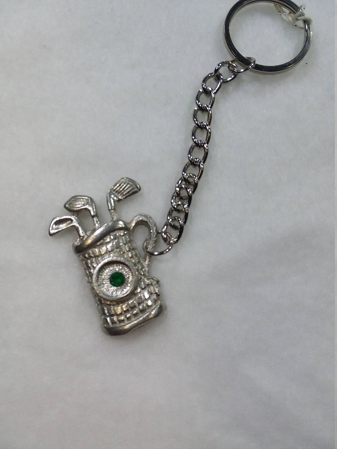 Pewter Golf Bag With Golf Clubs Keyring With Dark Green Stone Keychain ...