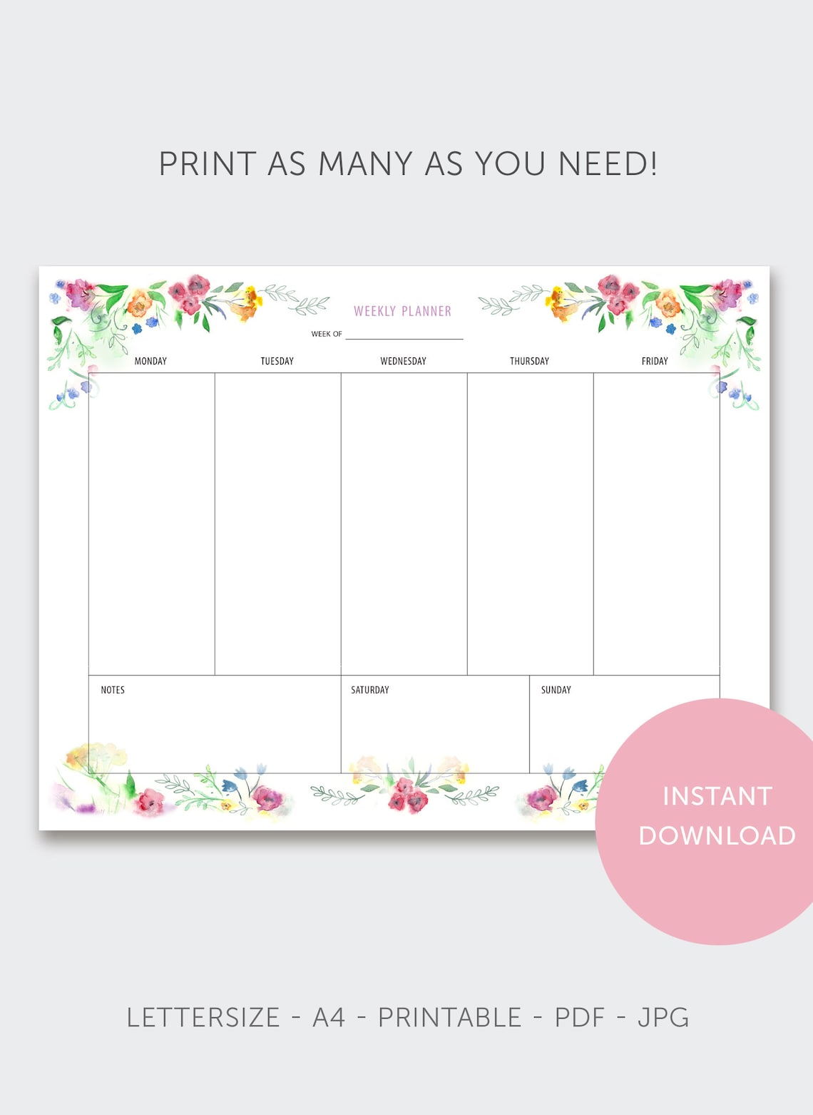 Pretty Weekly Planner Printable, US Letter, A4, Watercolor Flowers ...