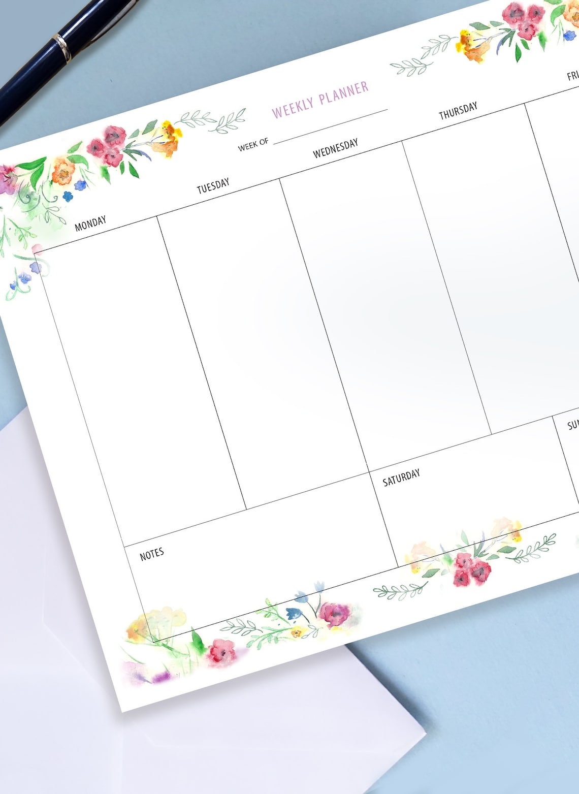 Pretty Weekly Planner Printable, US Letter, A4, Watercolor Flowers ...