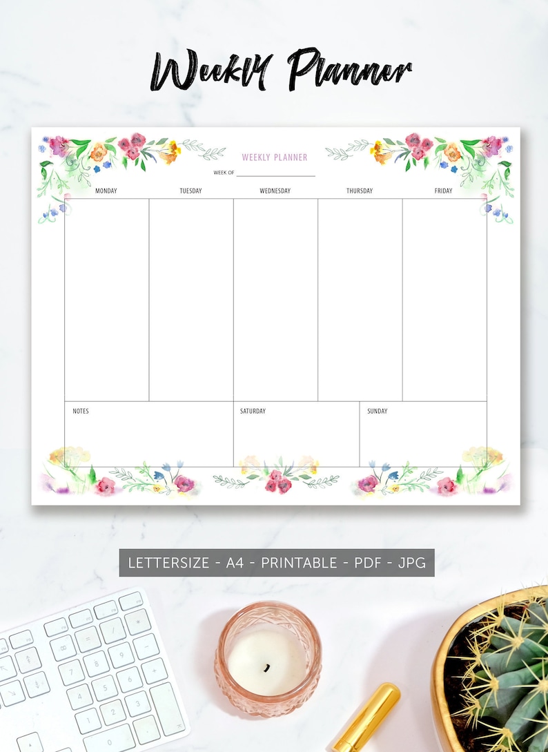 Pretty Weekly Planner Printable, US Letter, A4, Watercolor Flowers ...