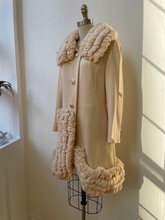 Rare Lilly Ann Ivory Wool French Knit Looped Trim Coat - Gem