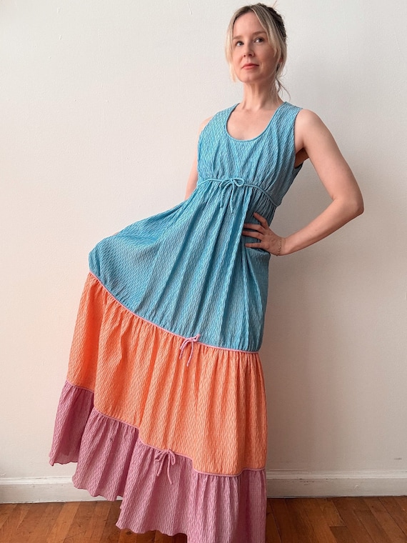 Vintage 1970s Mr Mort Colorblock Pastel Maxi Dress - Gem