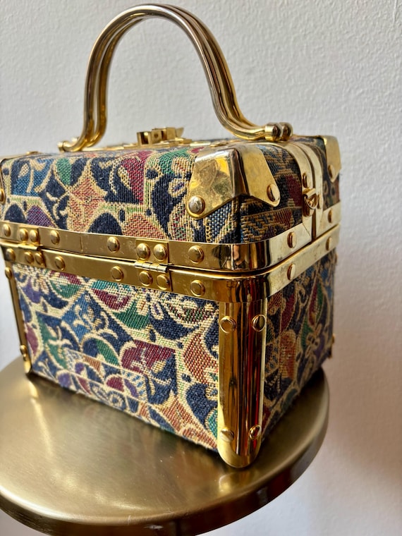 Vintage 1960s Tapestry Train Case Handbag - Gem