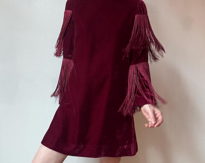 Vintage 1970s Maroon Velvet Fringe Dress - Etsy