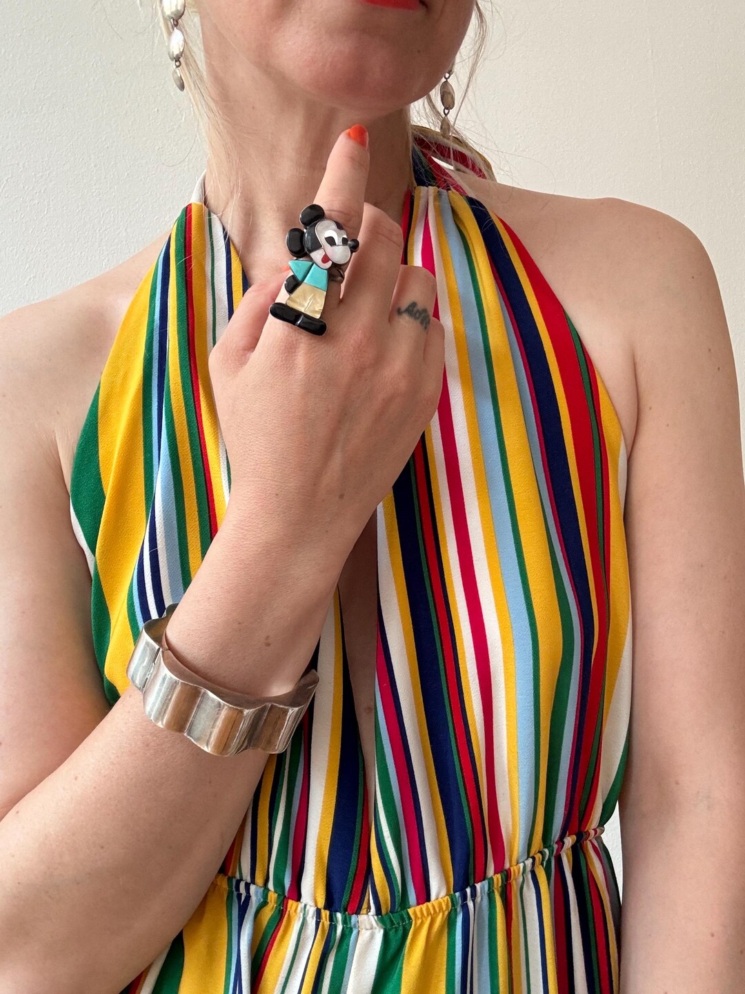 Vintage Zuni Toon Mickey Turquoise MOP Coral Ring Silver - Etsy