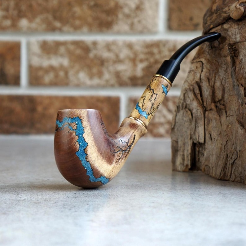 Handcrafted Pear Wood Tobacco Pipe – Turquoise Inlay, Long Mouthpiece ...